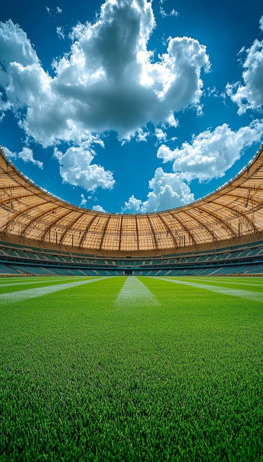 Empty Soccer Stadium Under Dramatic Blue Cloudy Sky with Lush Green ...