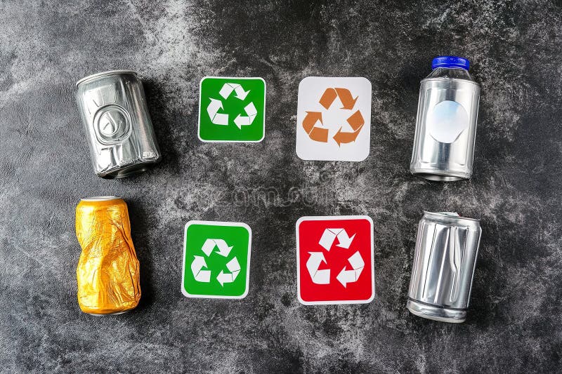 Empty Soda Cans of Different Materials and Some Recycle Signs in ...