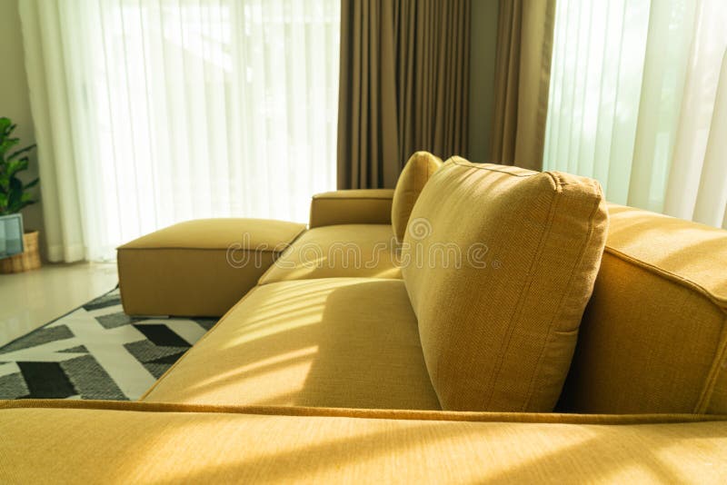 Empty sofa in living room stock image. Image of comfortable - 225637939