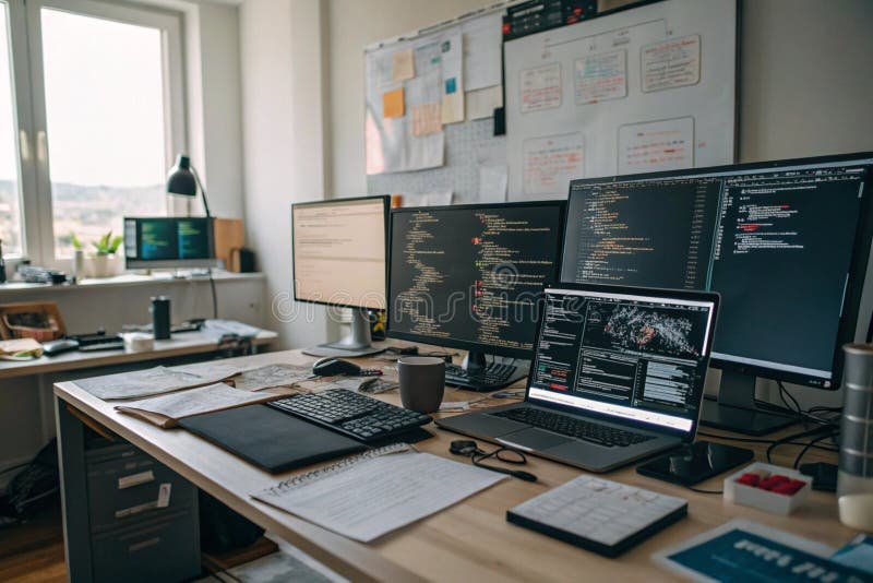 Empty Software Developer Office with Multiple Screens Stock Illustration - Illustration of ...