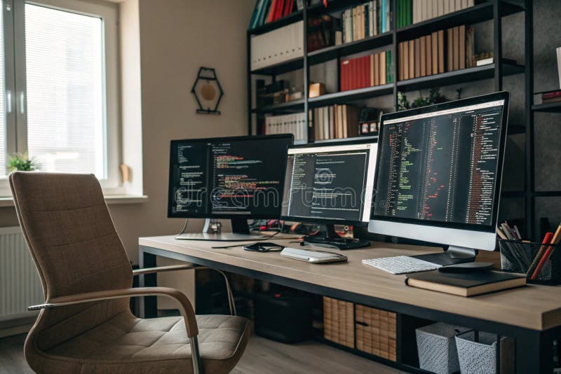 Empty Software Developer Office with Multiple Screens Stock ...