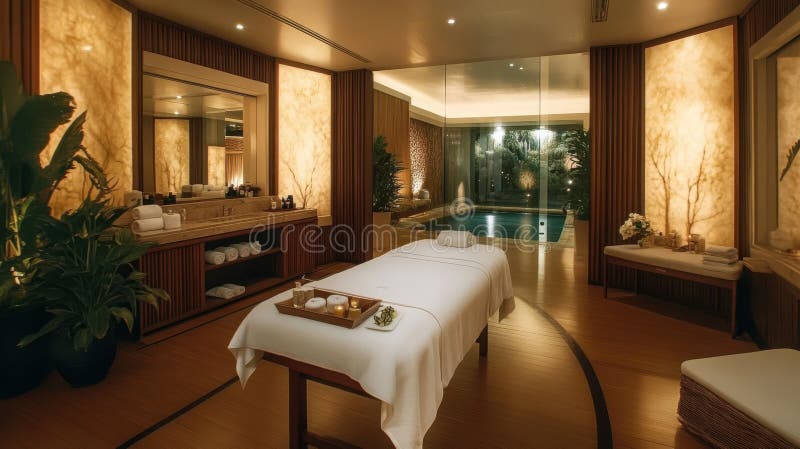 Relaxing Spa Room with Massage Table and Pool View Stock Photo - Image ...