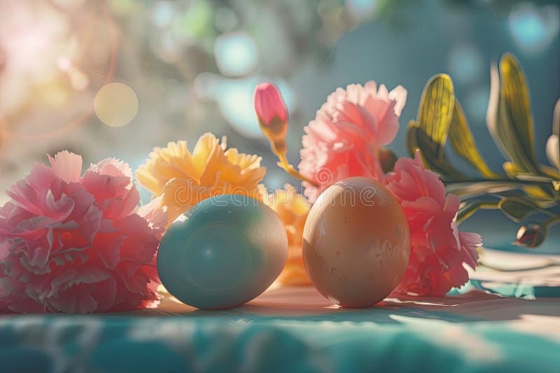 Empty Space with Easter Eggs and Carnations for Product Presentation ...