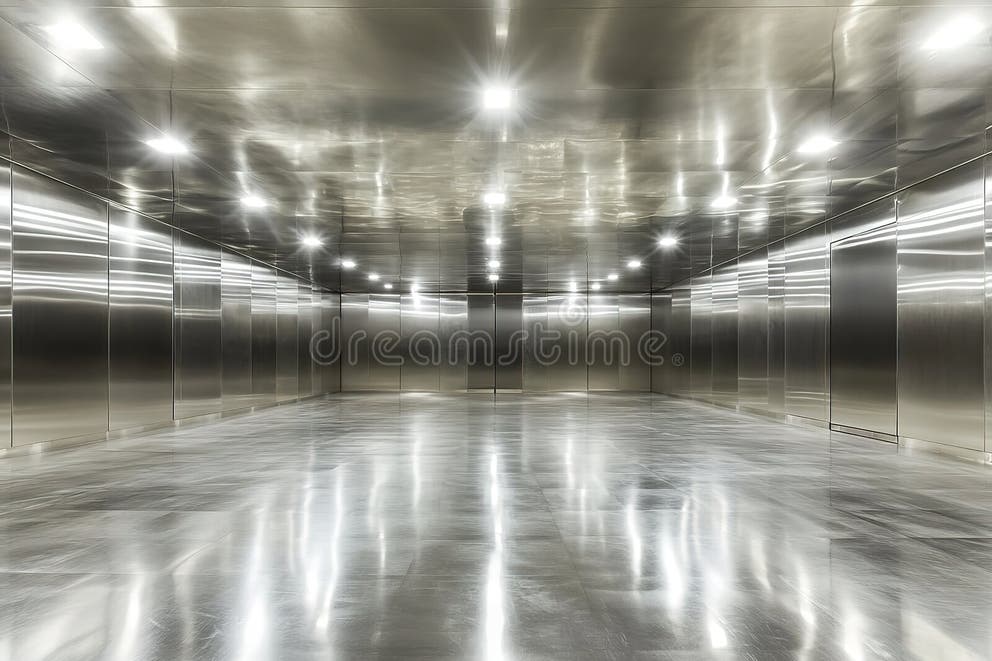 Empty Shiny Steel Metal Room with Reflection, Doors and Lights, Modern ...