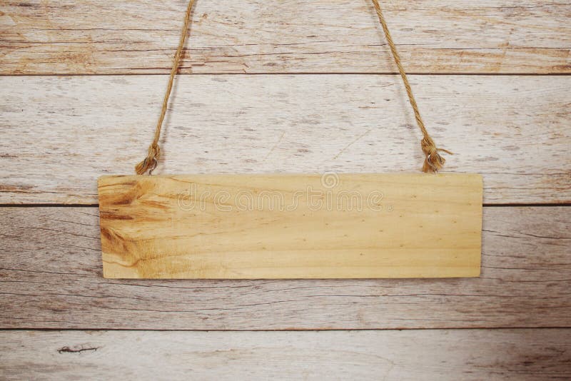 Empty Space of Wooden Sign Hanging with Rope on Wooden Background Stock ...