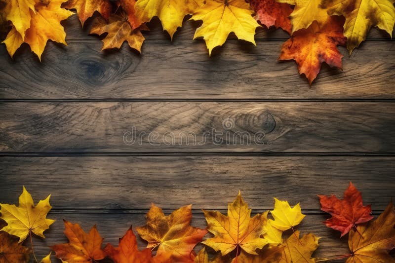 Empty Space of Wooden Surface with Autumn Leaves, Top View. Autumn ...