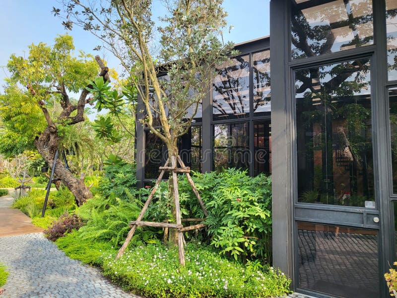 Landscaping with Paths and Flower Borders Stock Photo - Image of turns ...