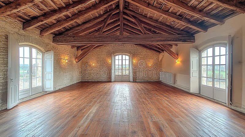 Empty Spacious Rustic Interior with Exposed Beams and Large Windows ...