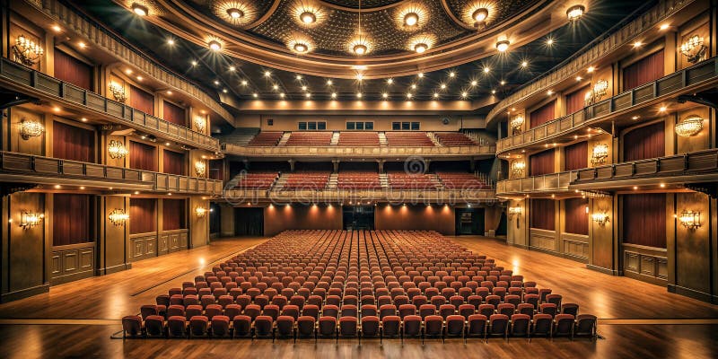 Empty Spacious Theater Stage with Rows of Seats Viewed from Front Row ...