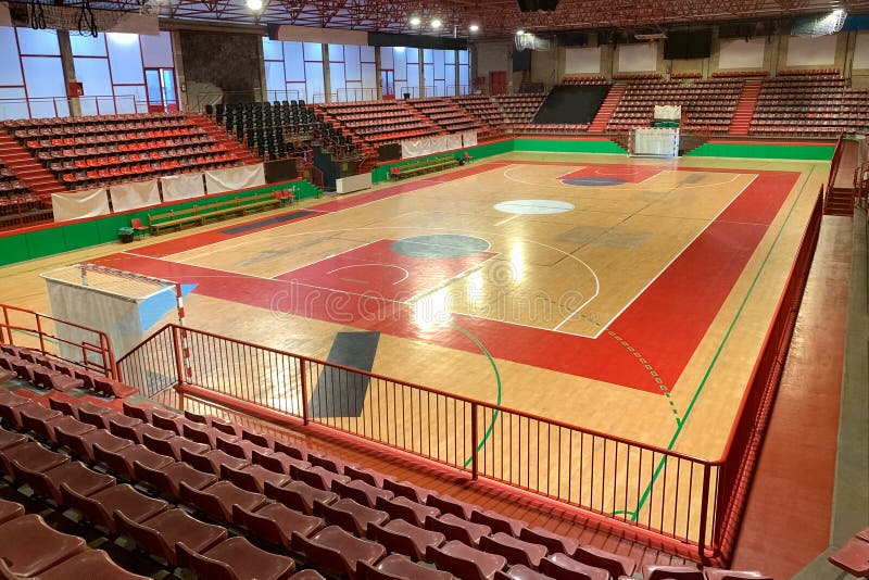 Empty Sports Hall with Wooden Floor and Bleachers Stock Photo - Image ...