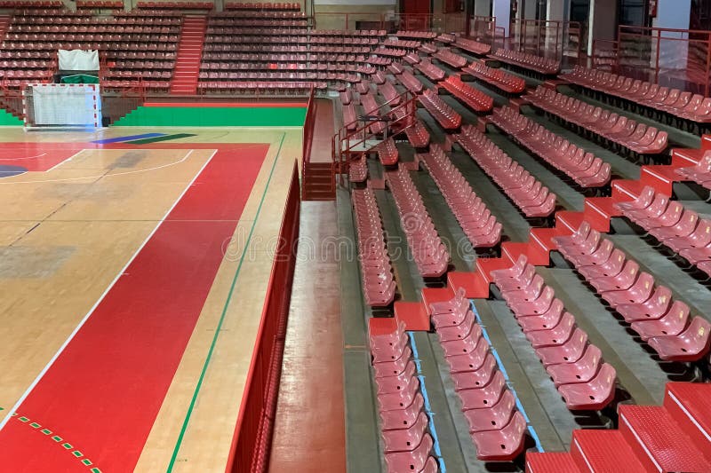 Empty Sports Hall with Wooden Floor and Bleachers Stock Photo - Image ...