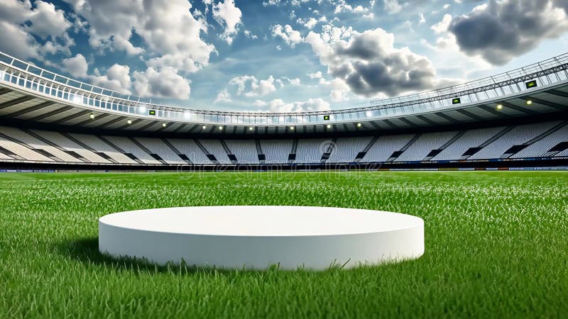 Empty Sports Stadium with White Podium on Green Grass Under Cloudy Sky ...