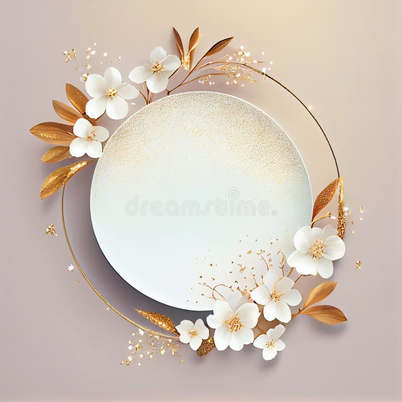 Empty Spring Round Banner with White Flowers with Golden Decorations ...