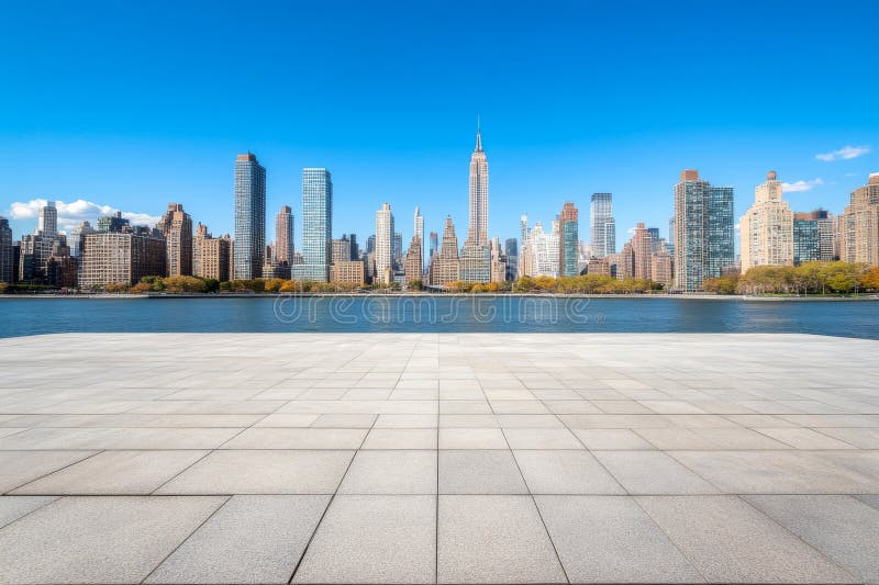 Empty Square Floor and Bridge with a Colorful Visual of City Skyline ...