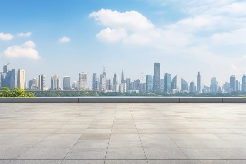 Empty Square Floor and City Skyline with Building Background Stock ...
