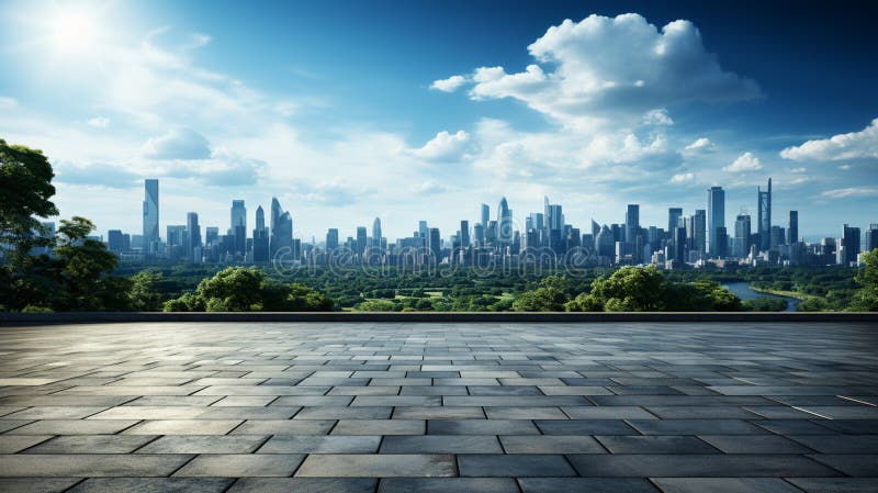 Empty Square Floor and City Skyline with Building Background ...
