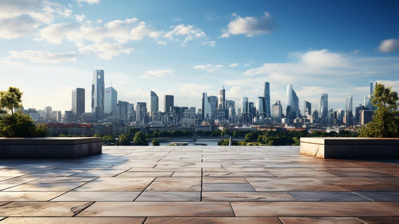 Empty Square Floor and City Skyline with Building Background ...