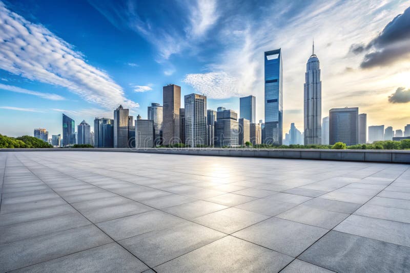 Empty Square Floor with City Skyline and Buildings Stock Illustration ...