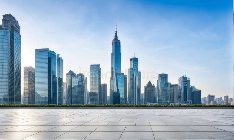 Empty Square Floor and Modern City Skyline with Buildings AI Generated ...