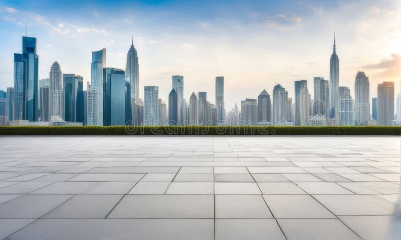 Empty Square Floor and Modern City Skyline with Buildings AI Generated ...