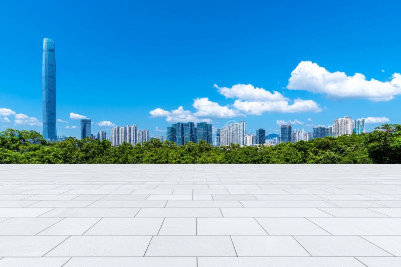 An Empty Square Floor Set Against a City Skyline Featuring Modern ...