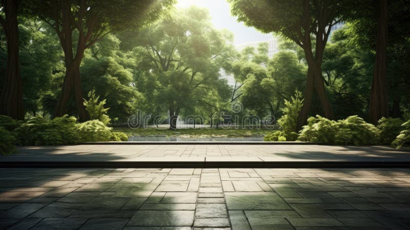 An Empty Square Floor Surrounded by Lush Greenery, Capturing the Serene ...