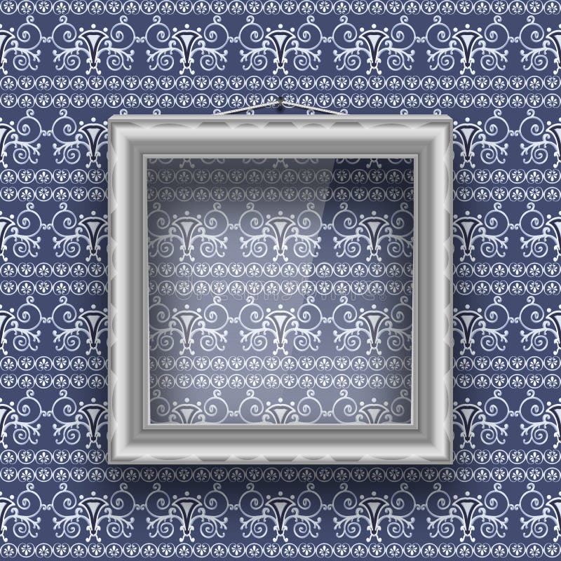 Empty Square Frame With Glass On The Wall With Patterned Wallpaper ...