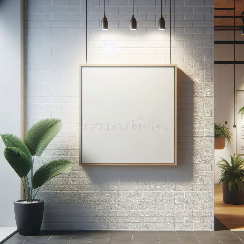 Empty Square Frame on White Brick Wall with Plants and Modern Lighting ...