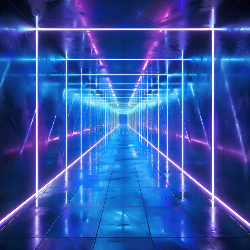 Empty Square Long Corridor or Tunnel with Pink and Violet Neon Glow ...