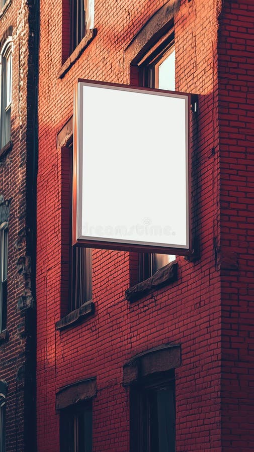 Empty Square Signboard on a Rustic Brick Building Wall, Illuminated by ...