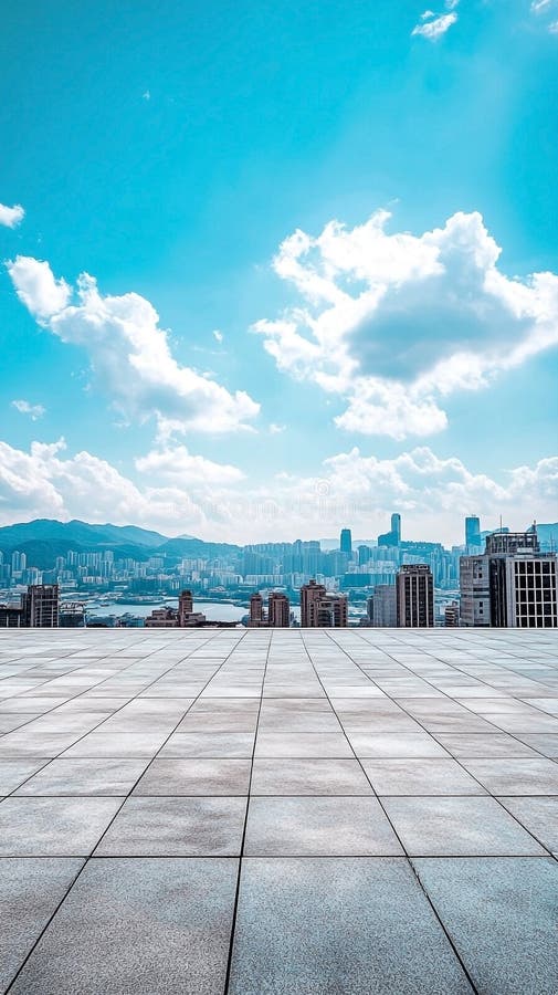 Empty Square Tiled Floor with a Clear Sky Backdrop and City Skyline ...