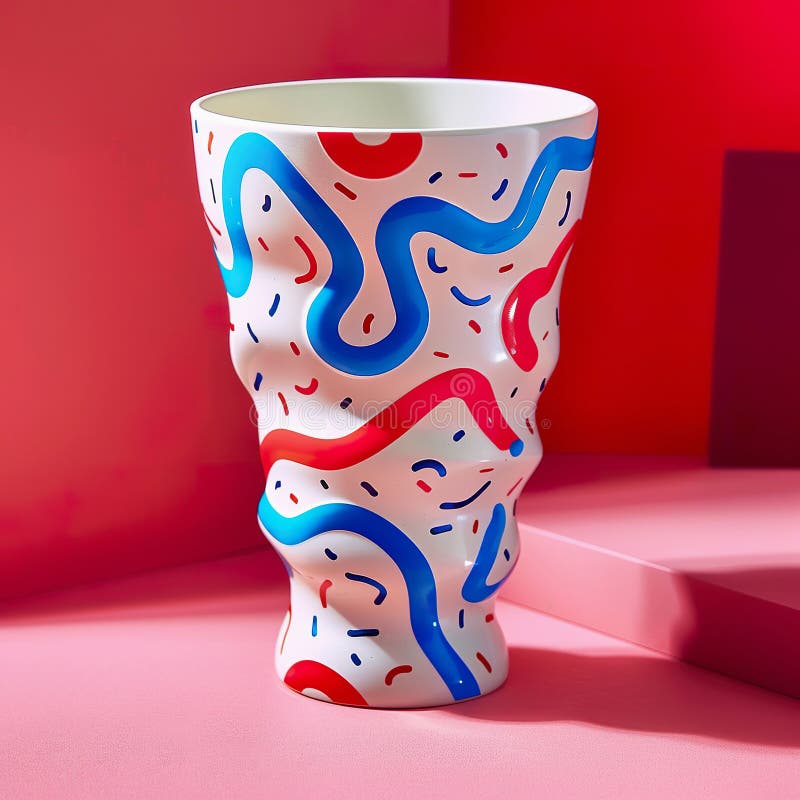 Empty Squiggle Cup with Colorful Patterns Rests Against Pink Backdrop ...