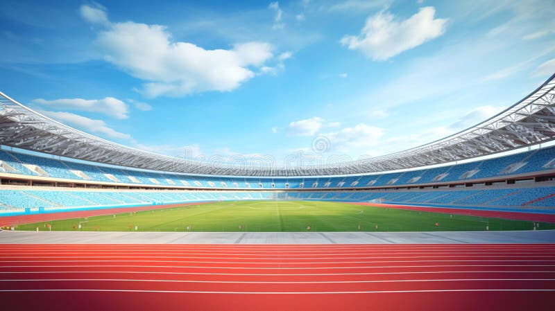 Empty Stadium during the Day with Clear Blue Sky. Red Running Track for ...