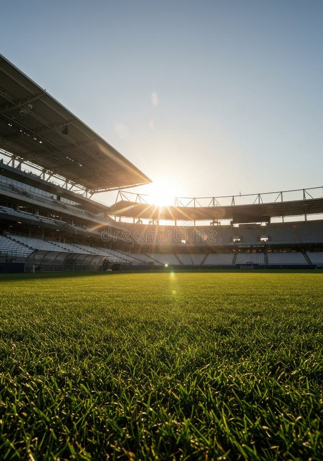 Empty Stadium with Green Grass, Sun Setting Over the Stands, Bright ...