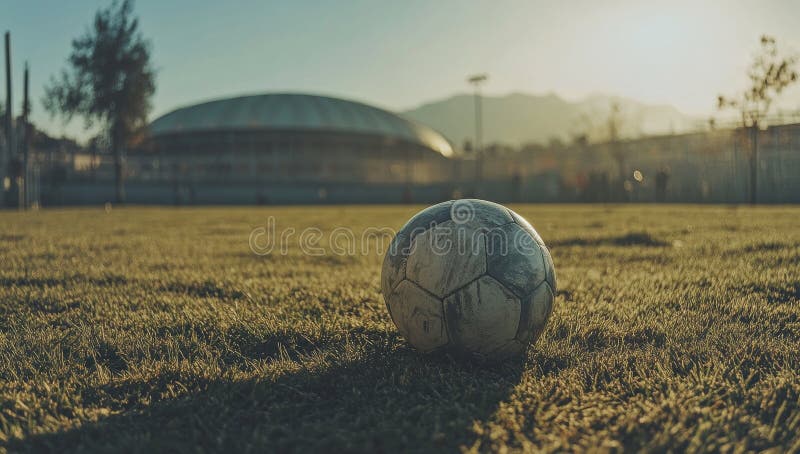 An Empty Stadium Has a Soccer Ball Sitting on Its Grass Stock Image ...