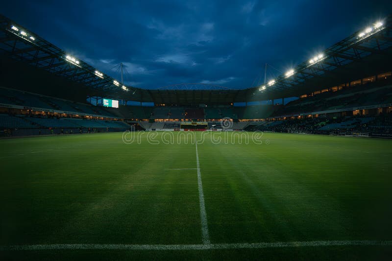Empty Stadium at Night with Illuminated Field and Dark Sky, Sports ...