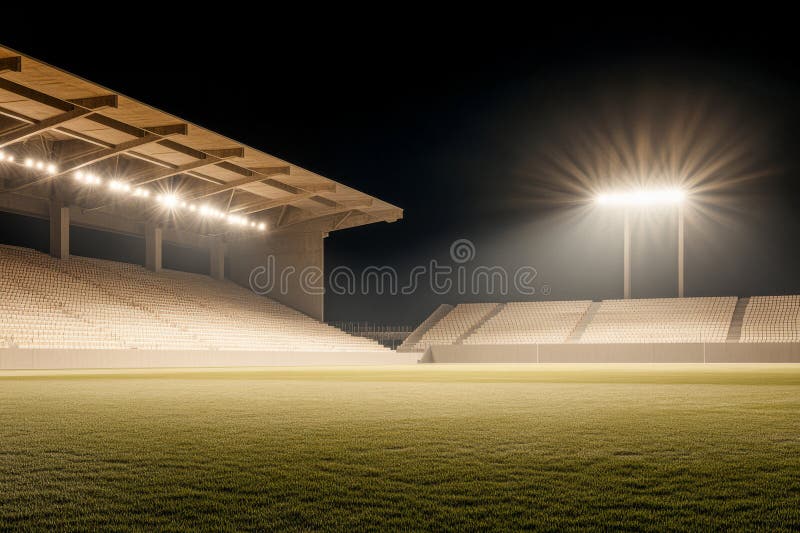 Empty Stadium at Night Shows Bright Stadium Lights and Rows of Empty ...