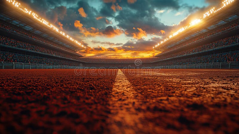 Empty Stadium at Sunset, Track and Field, Grandstands, Lights Stock ...