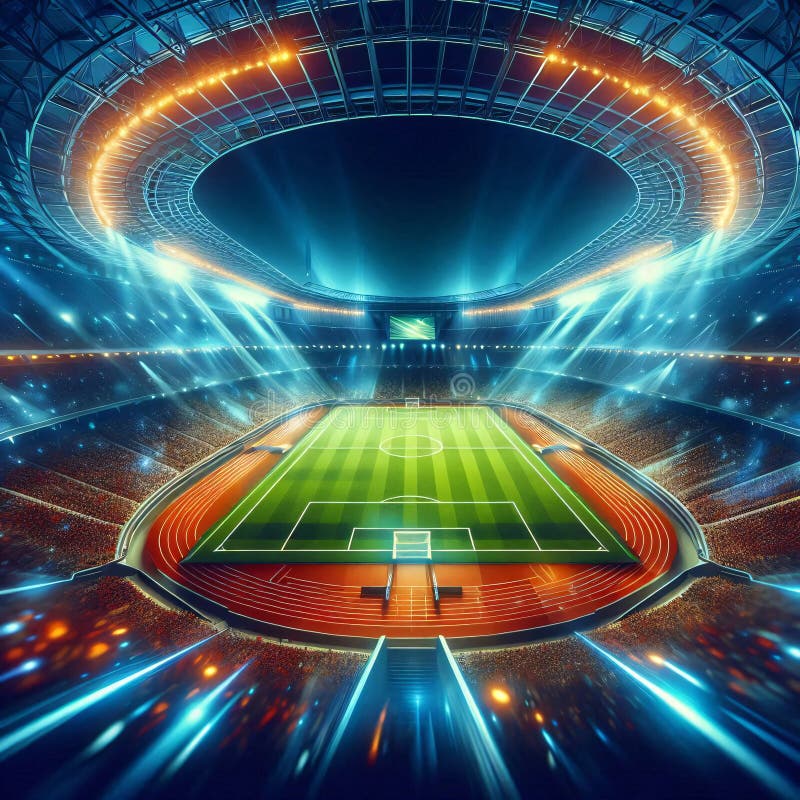 An Empty Stadium with a Well-lit Soccer Field and Running Track at ...