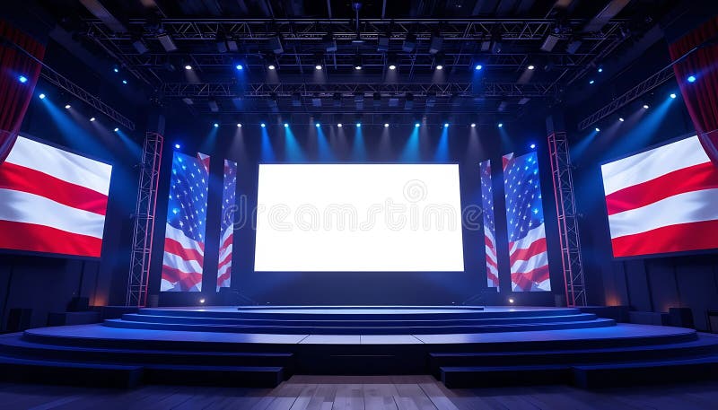 Empty Stage with American Flags and Large Screen for Presentation Stock ...