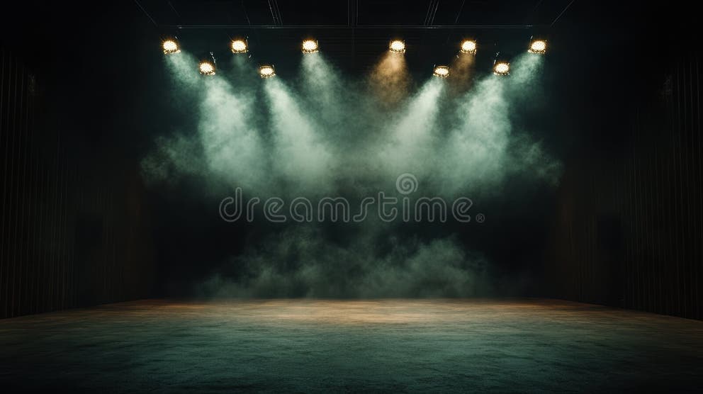 An Empty Stage Bathed in Dim Light, Where Overhead Spotlights Cut ...