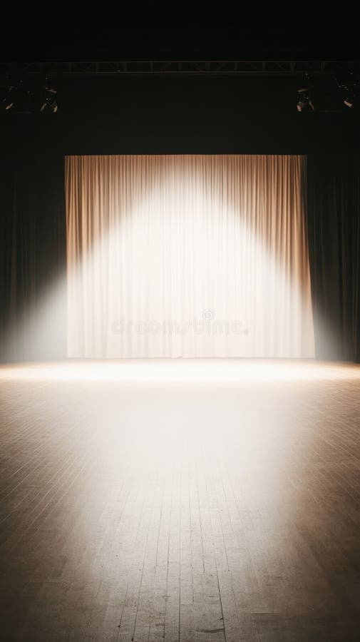 Empty Stage with Beige Curtains Illuminated by a Spotlight, Showcasing ...