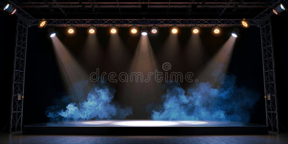 Empty Stage with Blue Smoke and Spotlights Stock Illustration ...