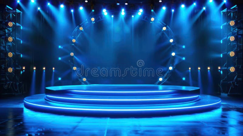 Empty Stage with Blue Spotlights and a Circular Platform Stock ...