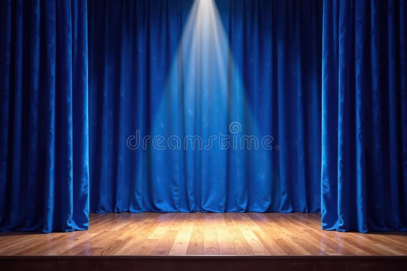 Empty Stage, Blue Velvet Curtains, Single Spotlight , Elegant Setting, Stage Lighting Stock ...