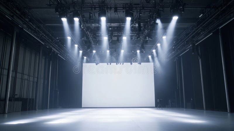 Empty Stage with Bright Spotlights and White Screen Stock Illustration ...