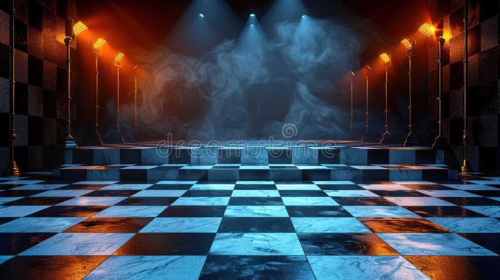 Empty Stage with Checkerboard Floor, Spotlights, and Smoke Stock ...