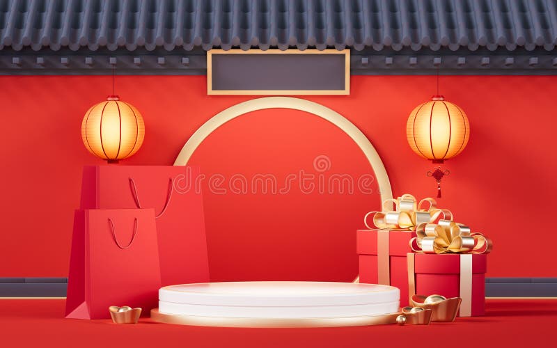 Empty Stage with Chinese Ancient Building, 3d Rendering Stock ...