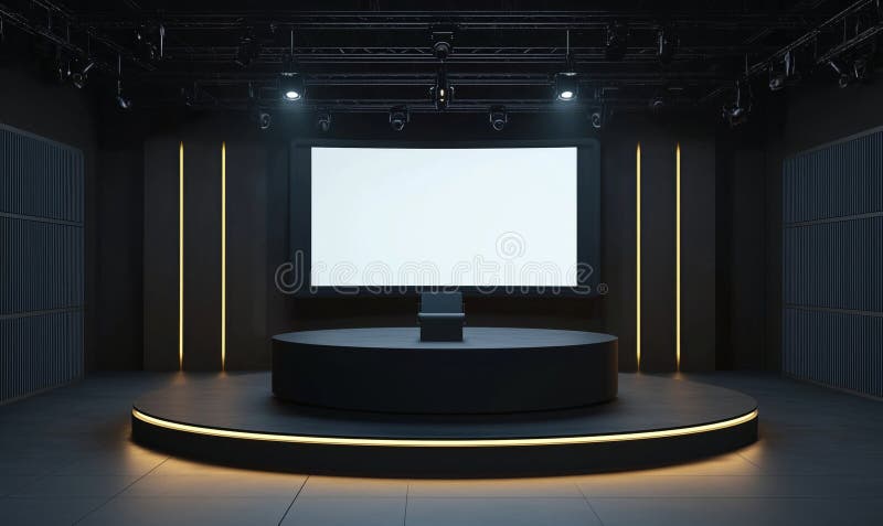 Empty Stage with Circular Platform and Blank Screen, Modern Lighting ...