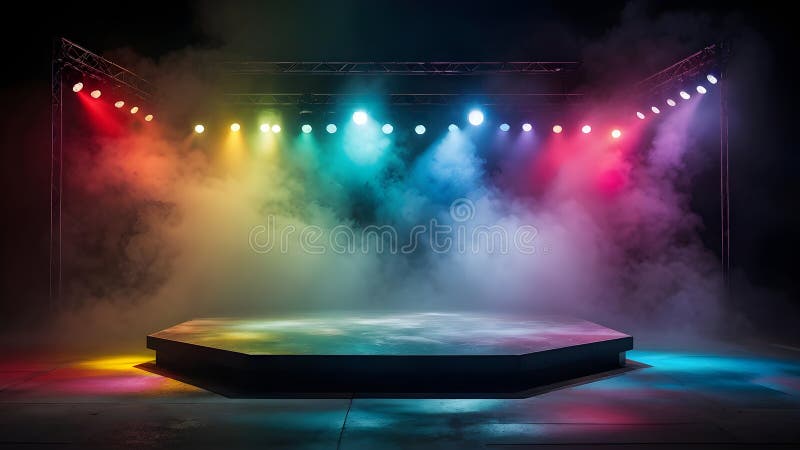 Empty Stage with Colorful Lights and Fog in a Dark Dramatic Setting ...